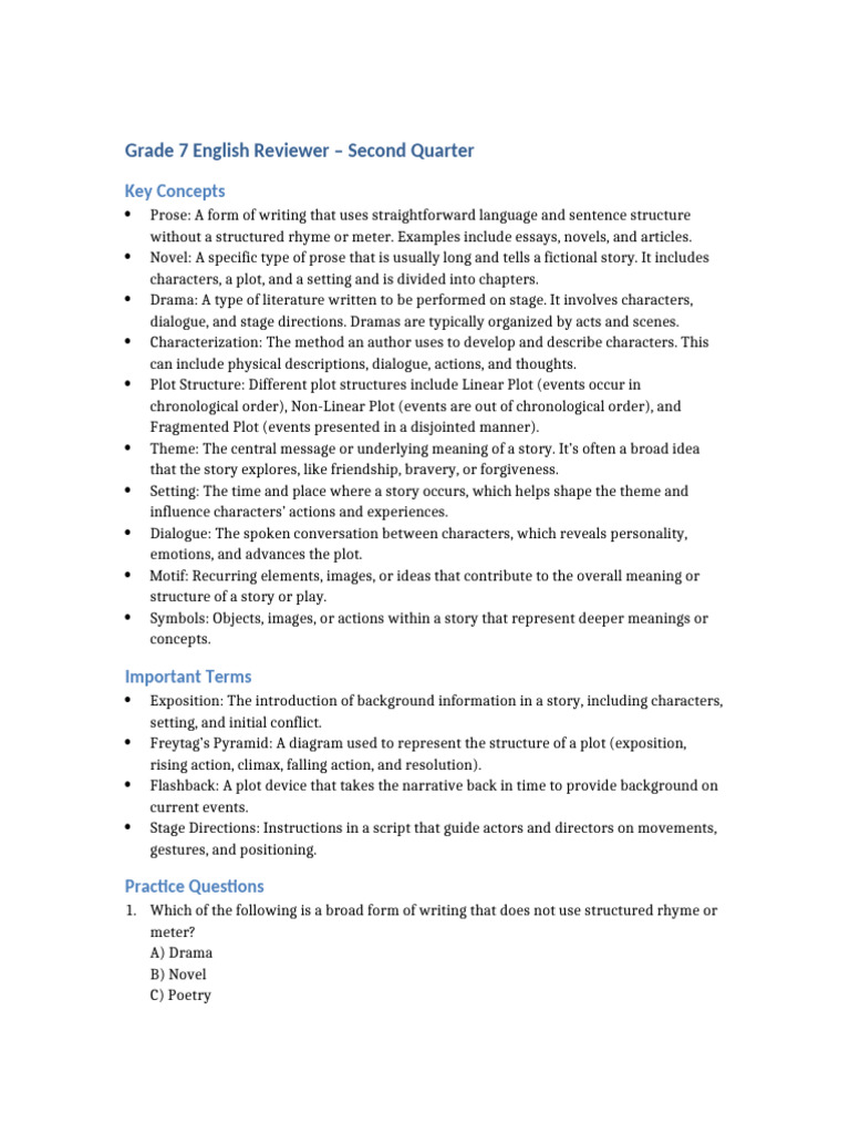 Grade 7 English Reviewer | PDF | Plot (Narrative)