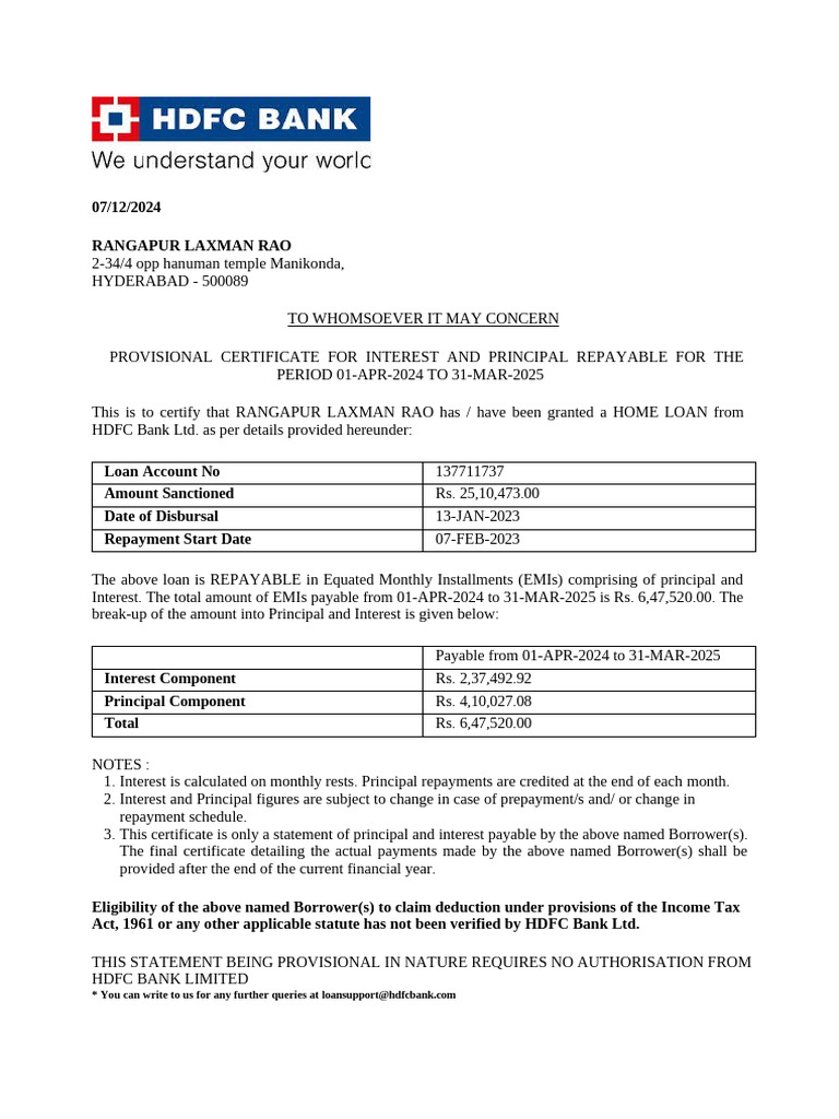 Provisional Home Loan Certificate 2024 | PDF
