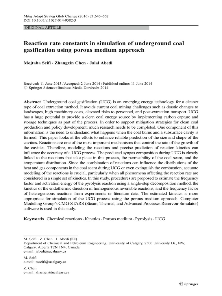 Reaction Rate Constants in Simulation of Underground Coal Gasification ...