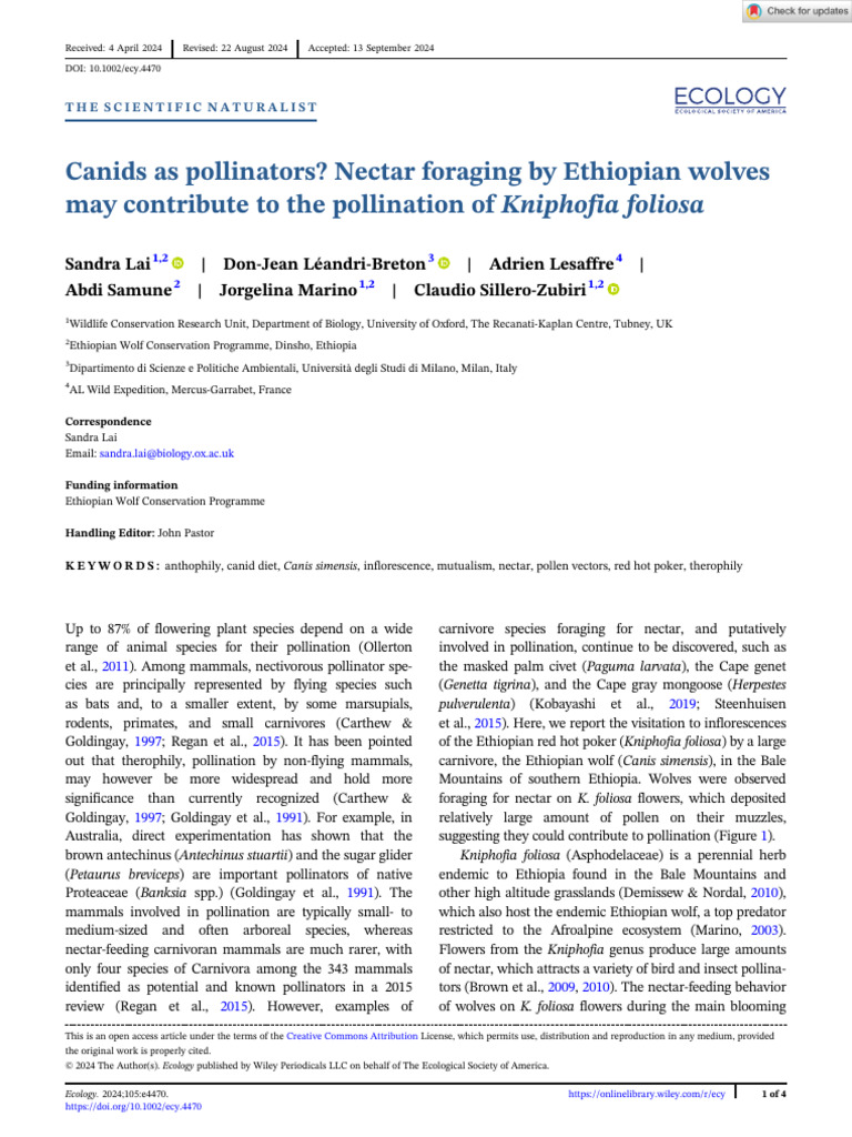 Ecology - 2024 - Lai - Canids As Pollinators Nectar Foraging by ...