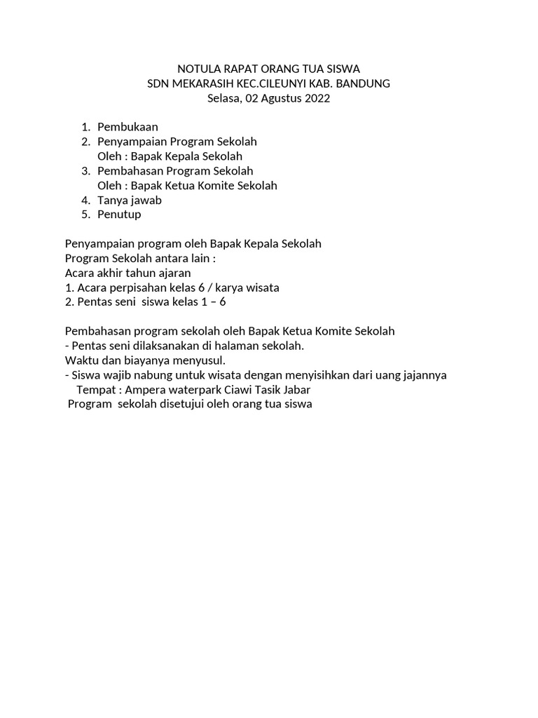 Notula Rapat Orang Tua Siswa | PDF