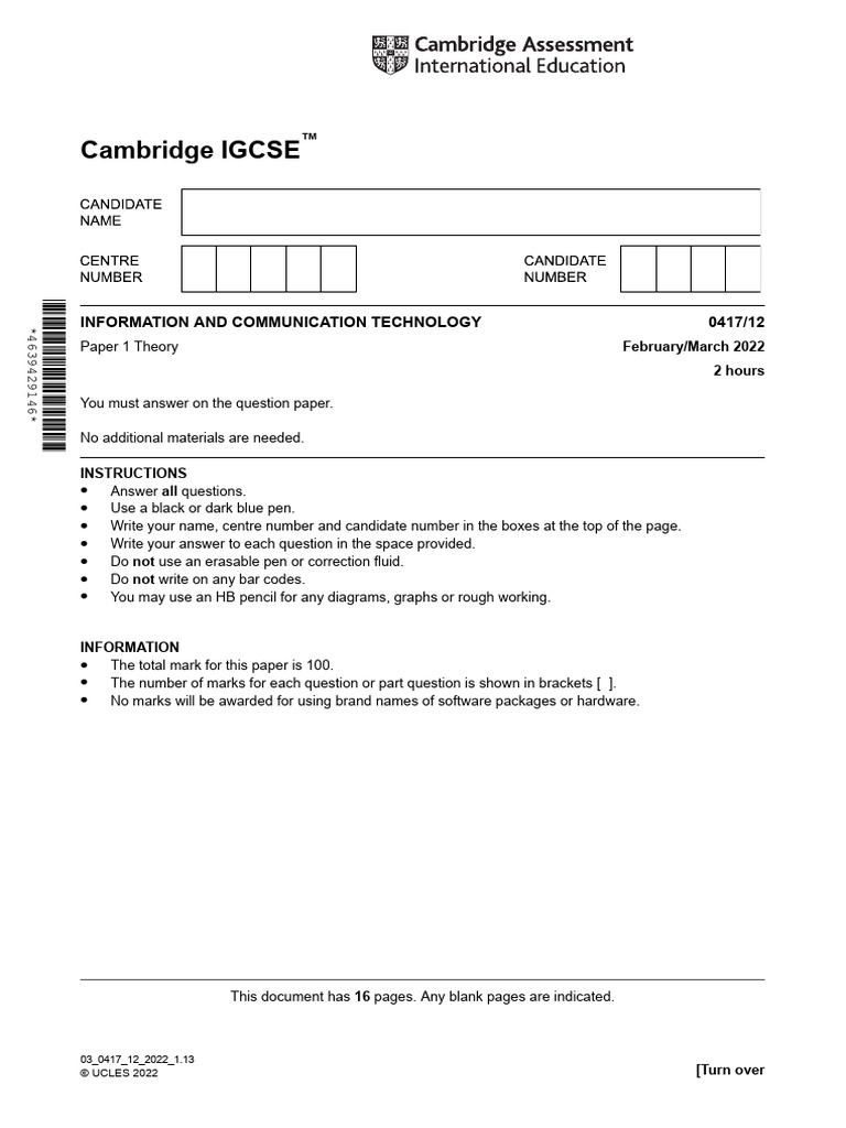 Cambridge IGCSE: 0417/12 Information and Communication Technology | PDF ...