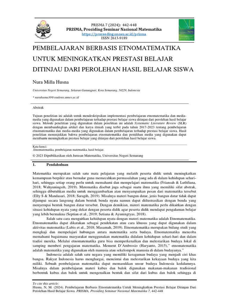 Pembelajaran Berbasis Etnomatematika 2023 | PDF
