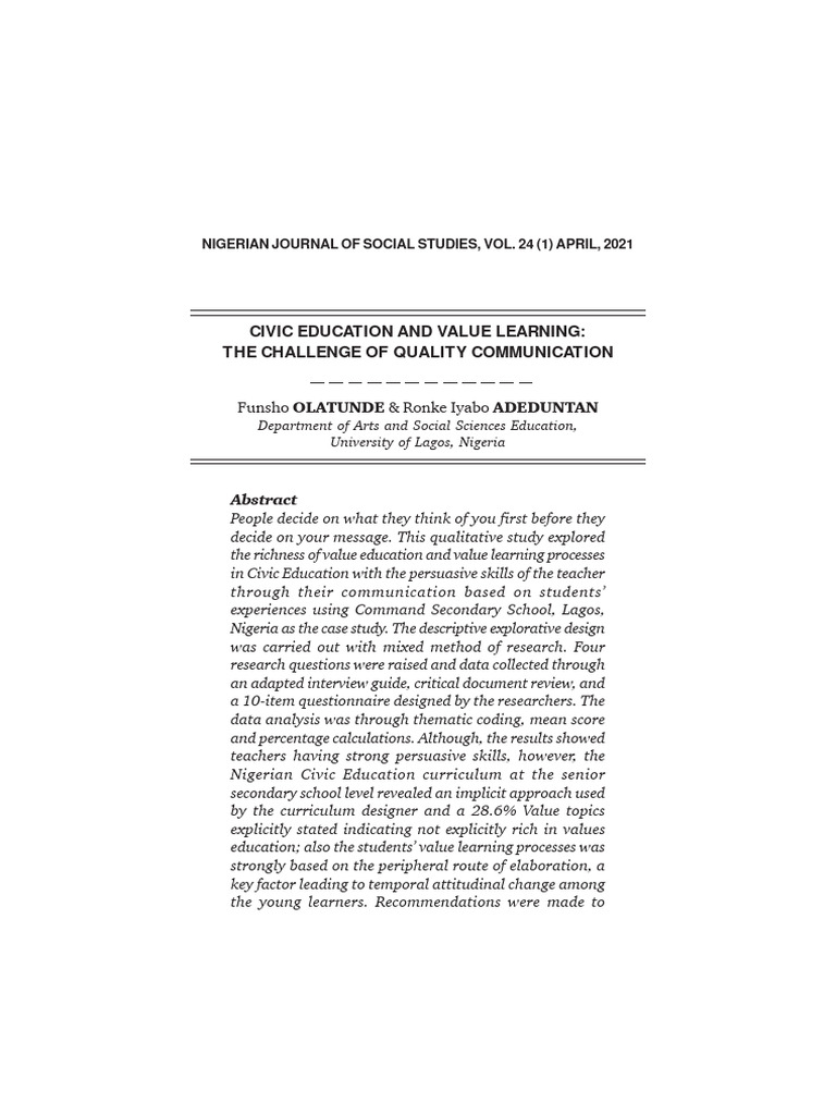 Civic Education and Value Learning The C | PDF | Attitude (Psychology) | Cognition