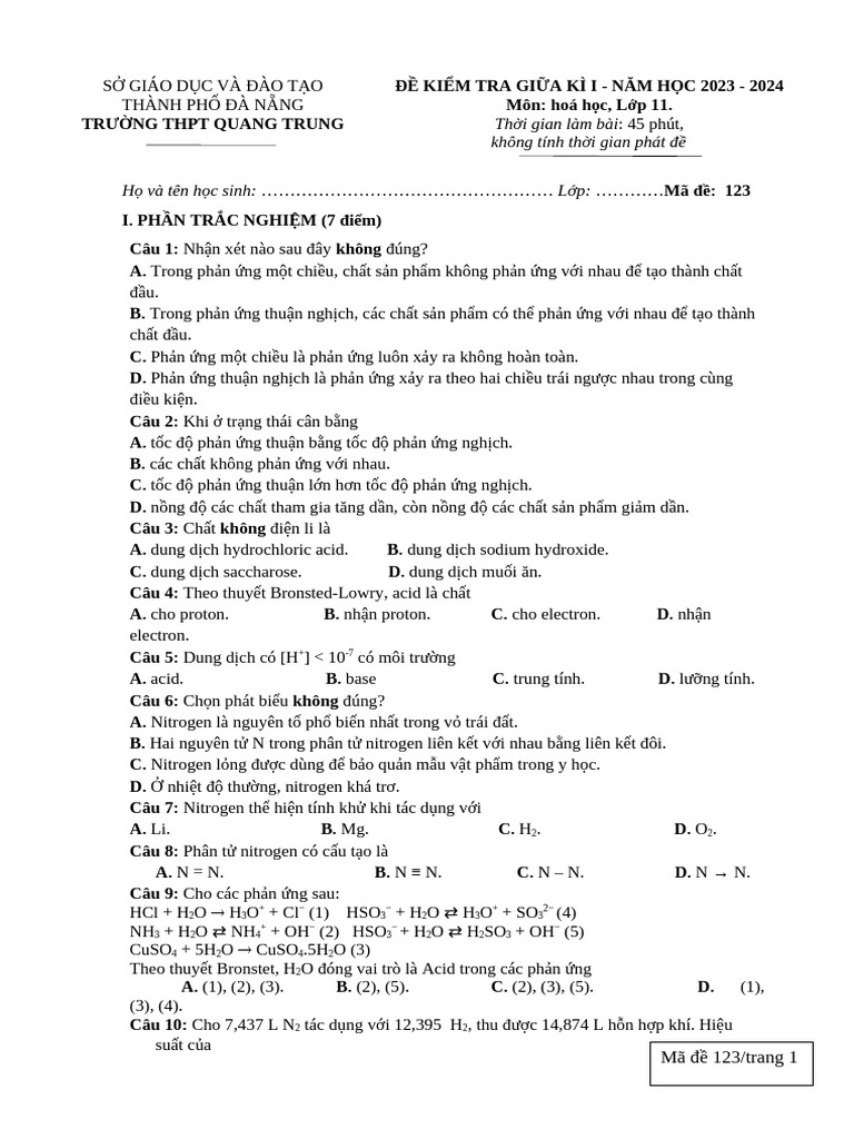 De Kiem Tra Hoa 11 Hki | PDF