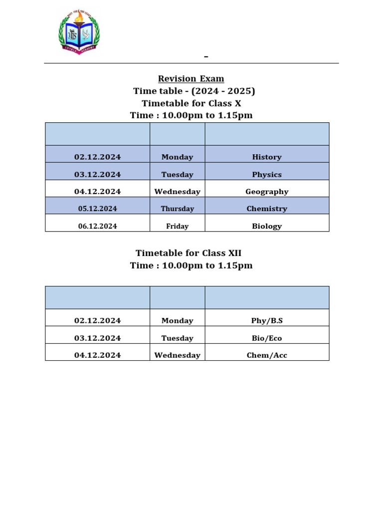 Revision Test Time Table (STD X & XII) - Revised | PDF