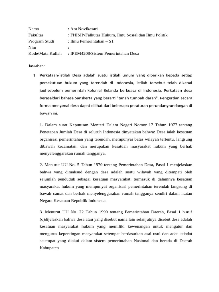 Tugas 1 Tuton Sistem Pemerintahan Desa | PDF