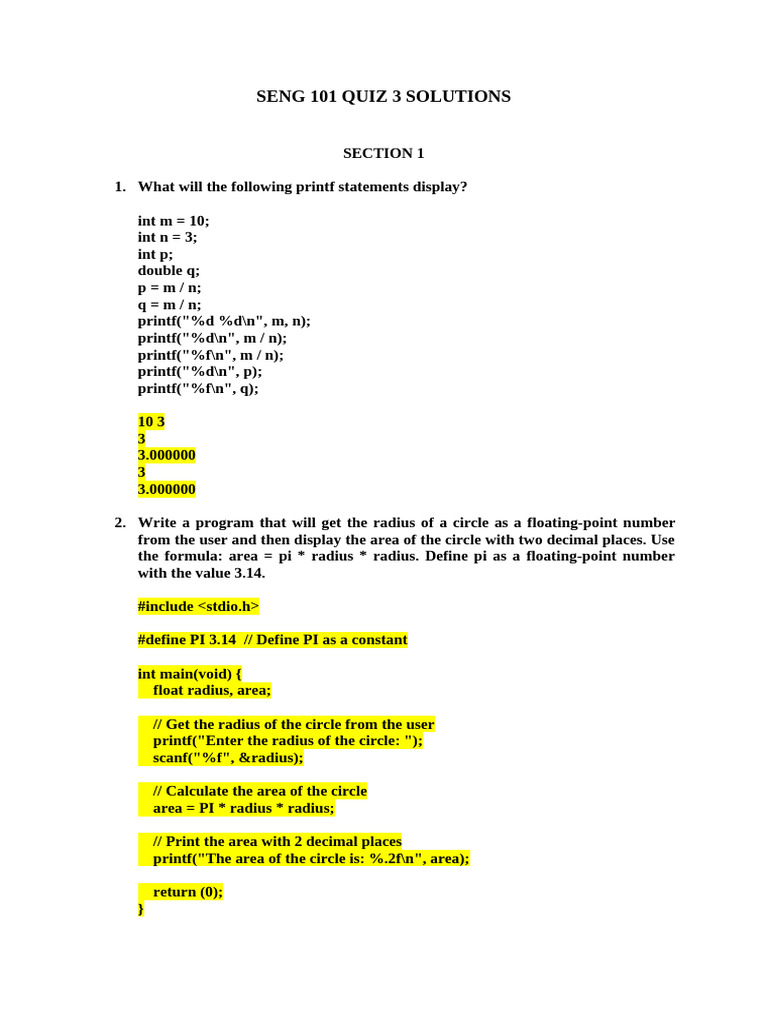 SENG101 Quiz 3 Solutions | PDF