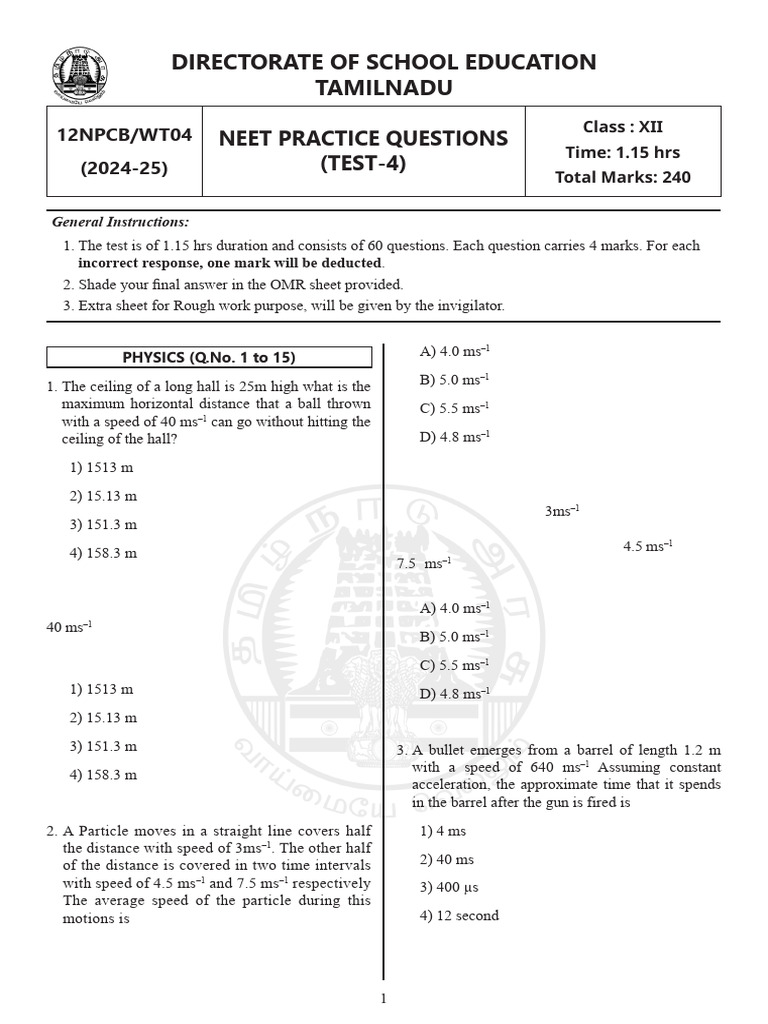 Test-4 12th NEET 2024 | PDF