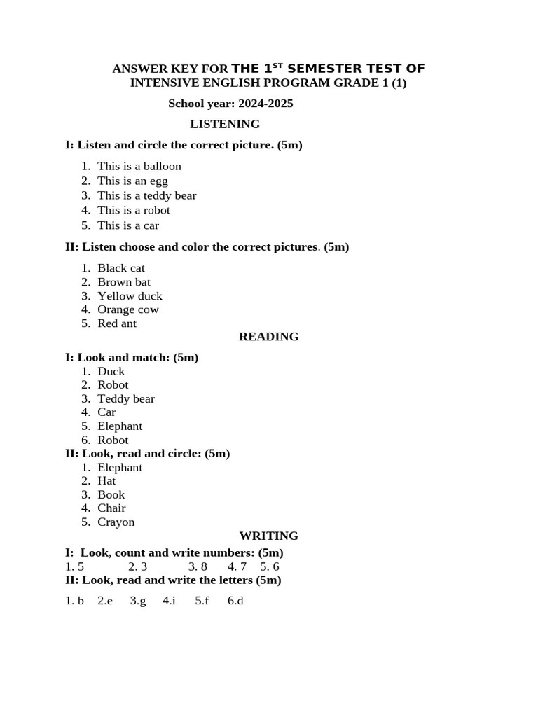 Answerkey Đề 1 Grace 1 | PDF