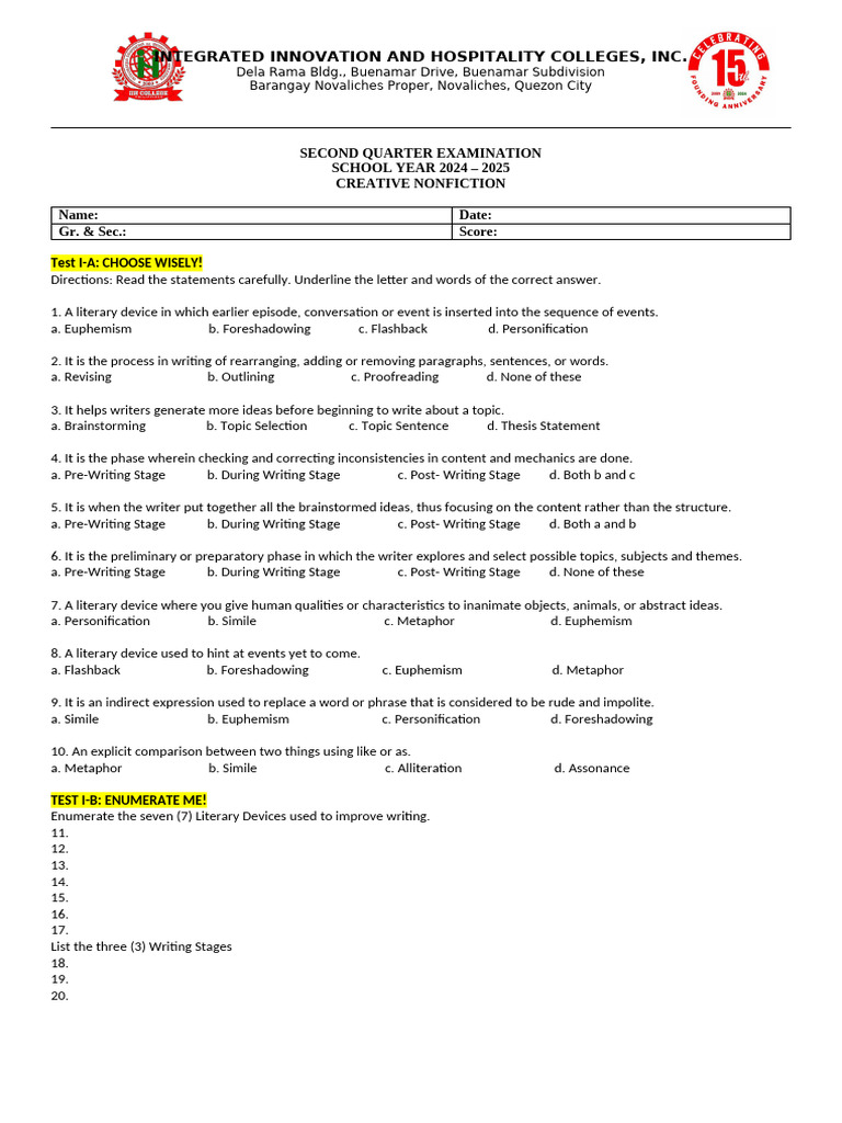CREATIVE NONFICTION- 2NDQUARTER EXAM | PDF