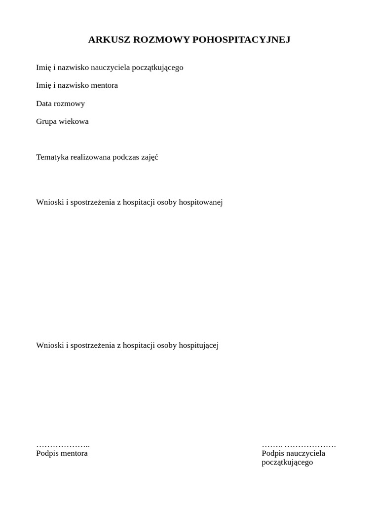 Arkusz Rozmowy Pohospitacyjnej | PDF