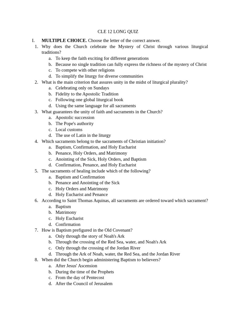 2g Cle Long Quiz (Students Copy) | PDF | Baptism | Sacraments