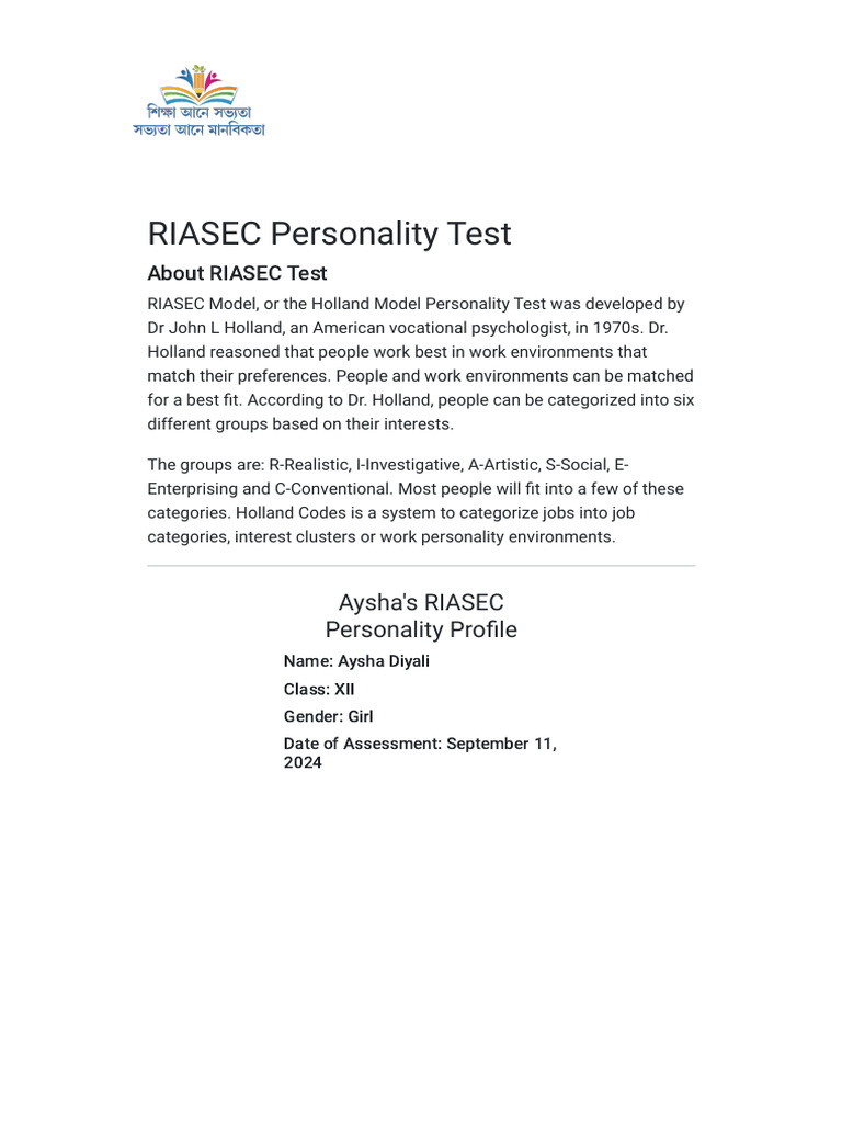 RIASEC Personality Test Overview | PDF | Psychology | Cognition
