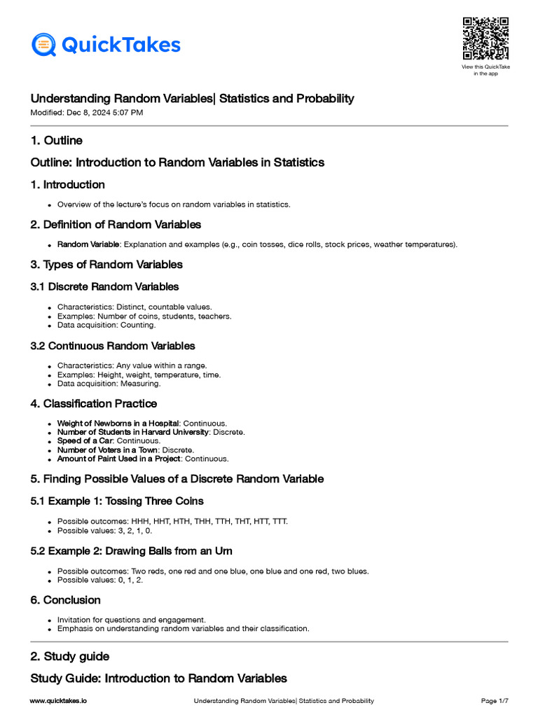 Understanding Random Variables Statistics and Pro | PDF | Probability Distribution | Random Variable