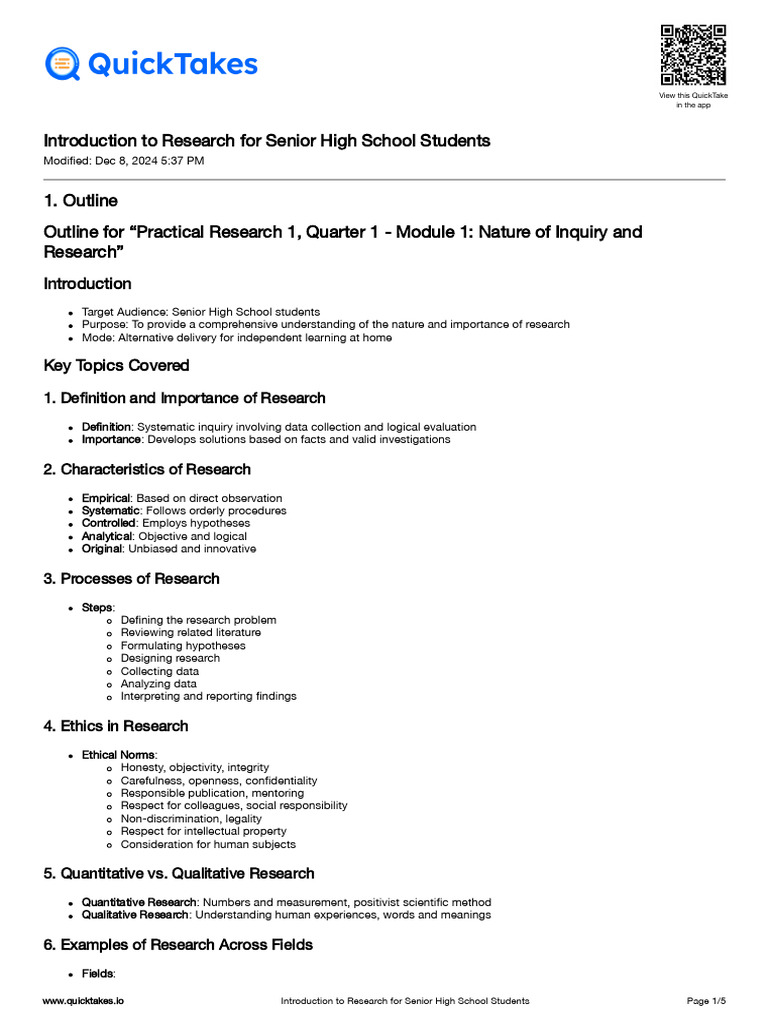 Introduction To Research For Senior High School ST | PDF | Methodology ...