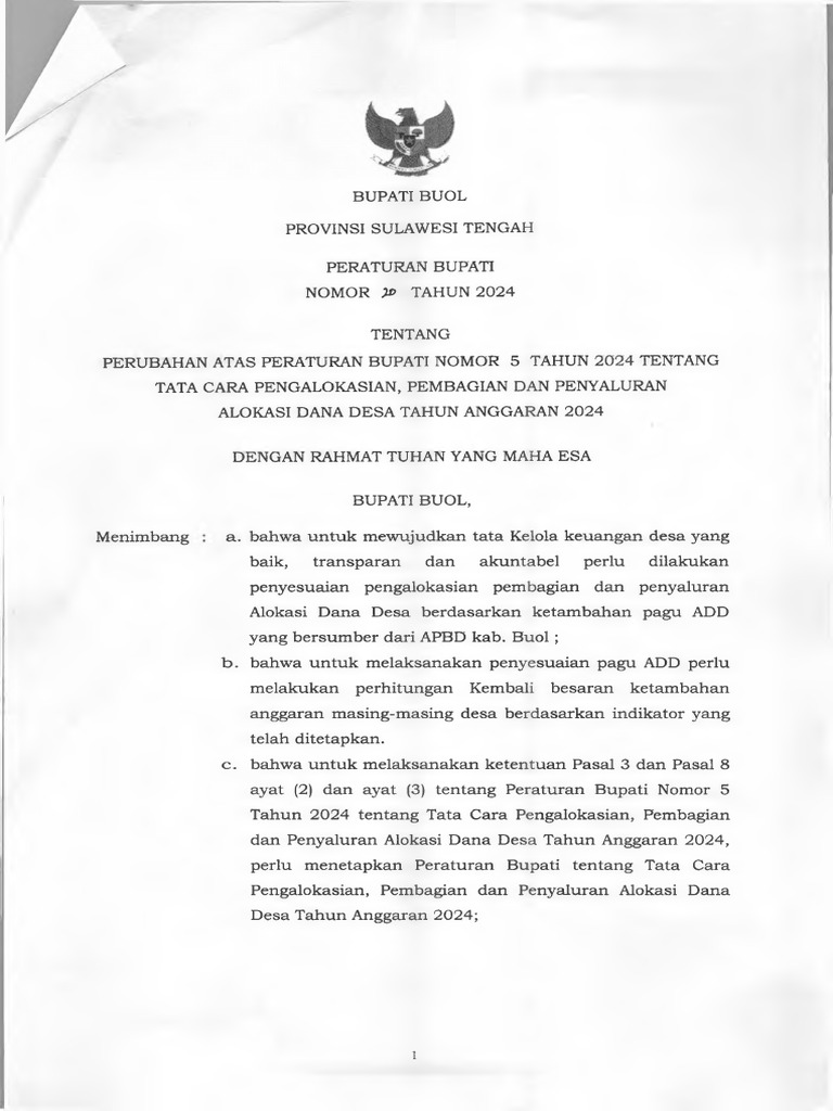PERBUP NOMOR 20 TAHUN 2024 TENTANG PERUBAHAN ADD | PDF