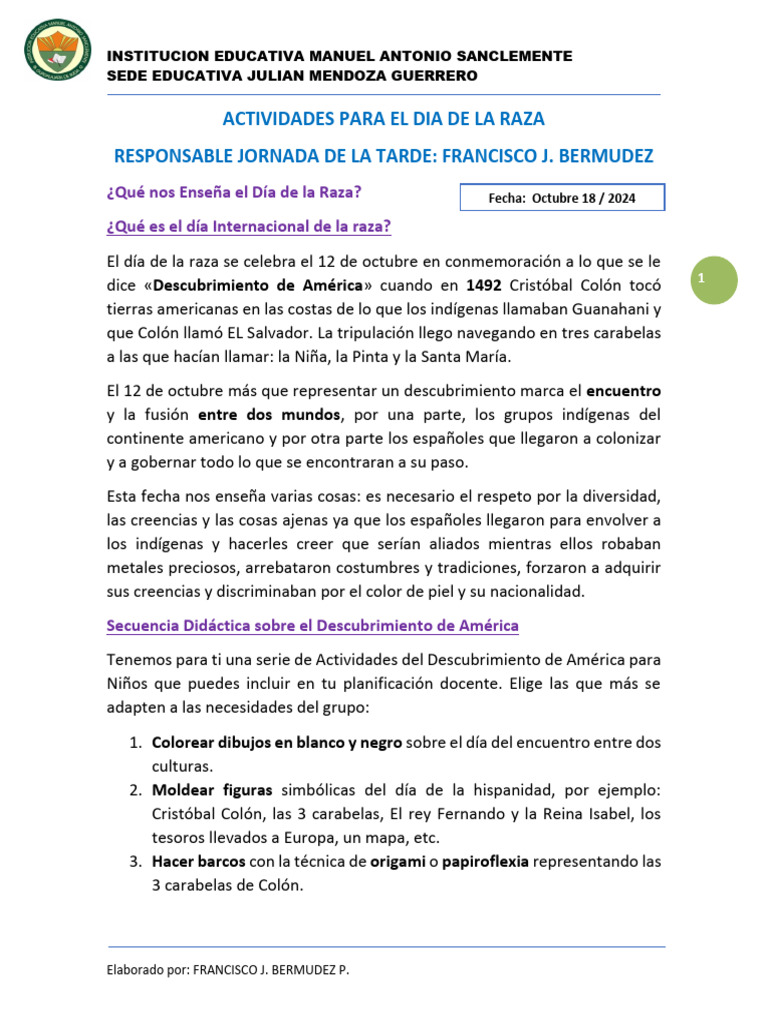 Actividades para El Dia de La Raza | PDF | Cristobal colon