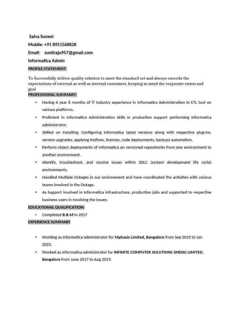 Informatica Administrator Resume Summary | PDF | Ibm Db2 | Computer Science