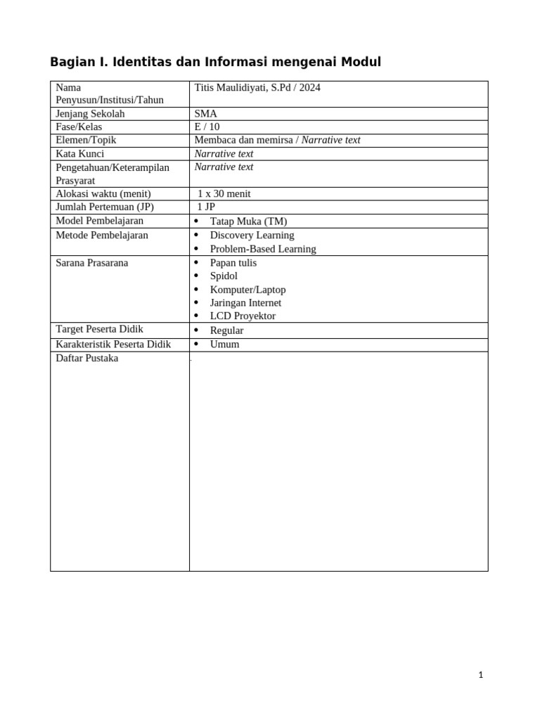 Modul Ajar - Narrative Text Simple Past Tense - Titis M | PDF