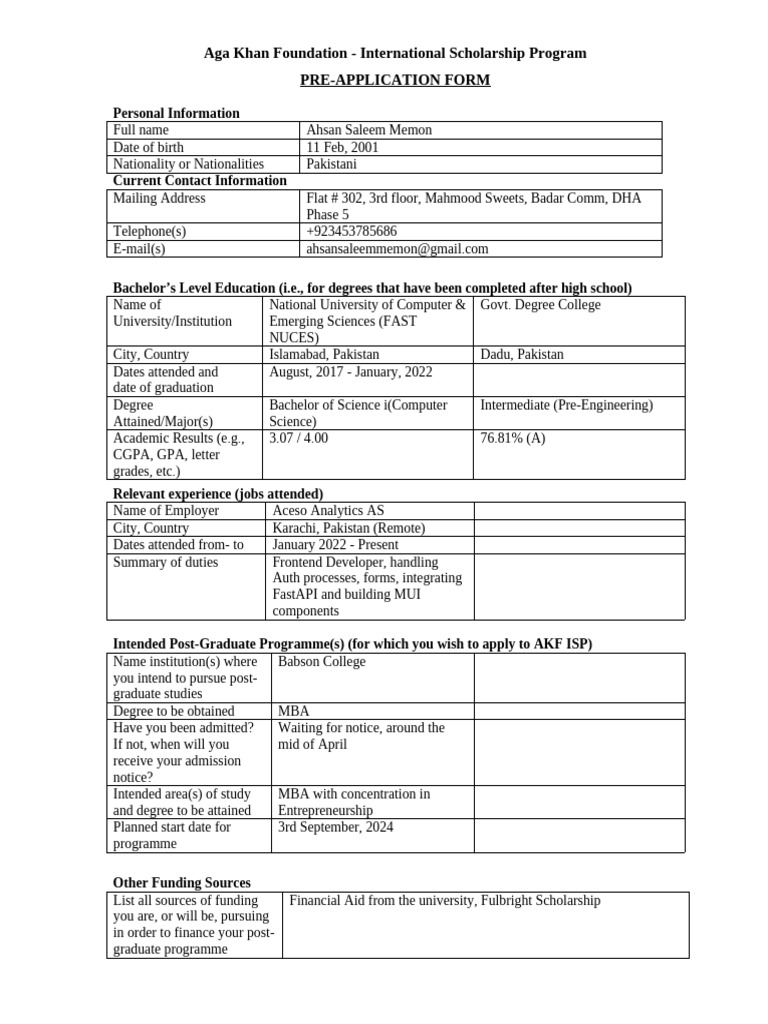 AKF ISP Pre-Application Form - Filled | PDF