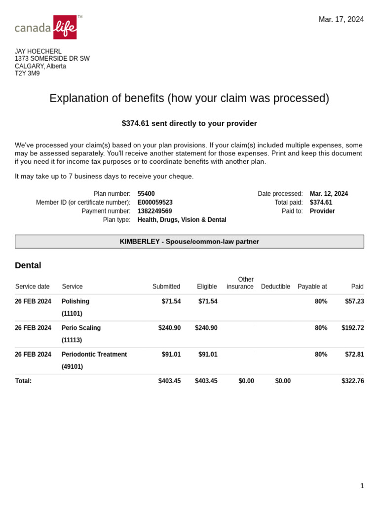 Explanation of Benefits-17032024 | PDF | Expense | Payments