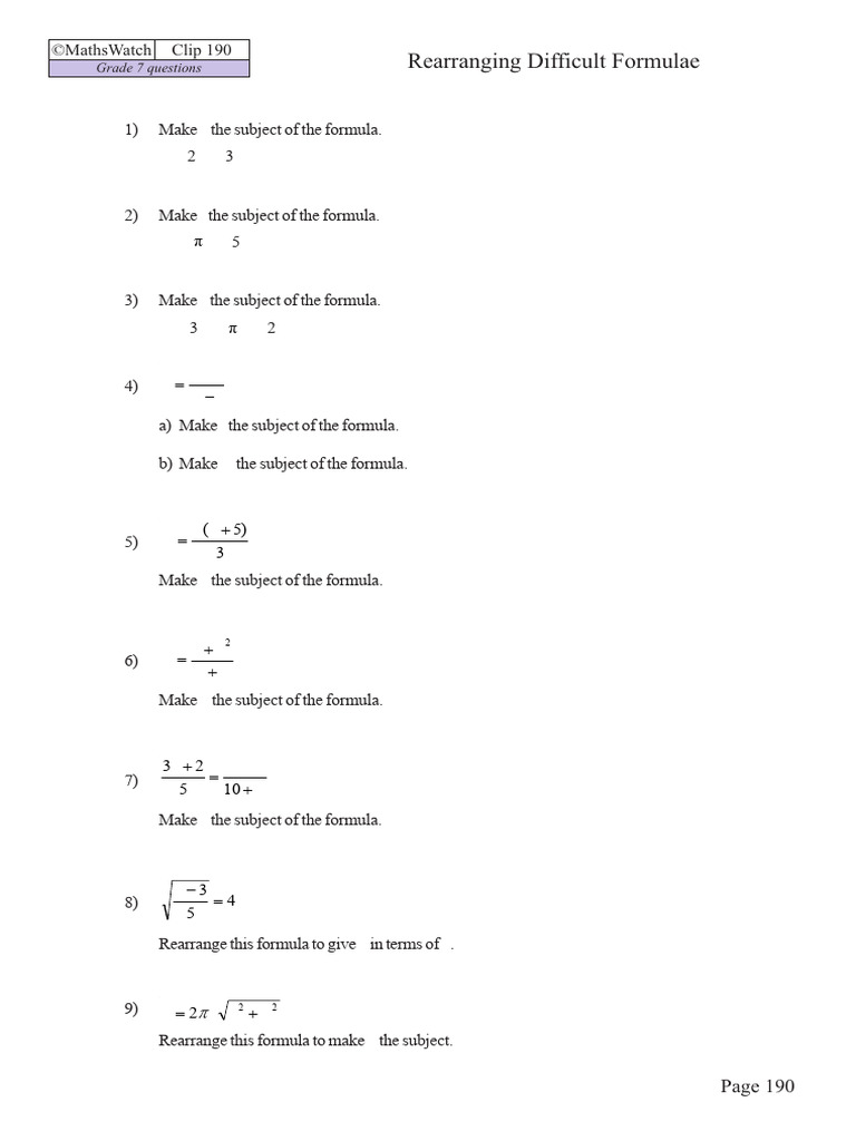 Clip190 - Rearranging Formulae 2k | PDF