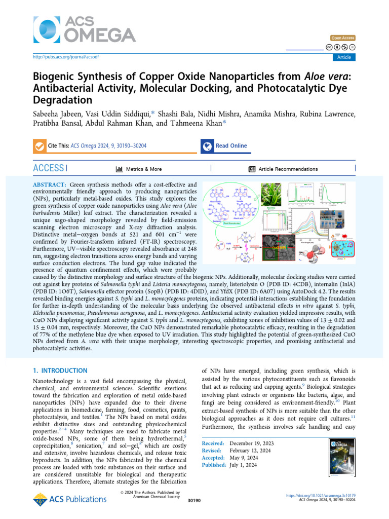 Jabeen Et Al 2024 Biogenic Synthesis of Copper Oxide Nanoparticles ...