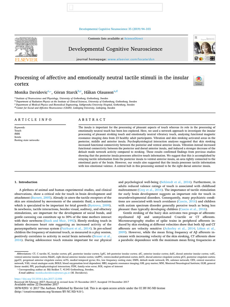 Processing of Affective and Emotionally Neutral Tactile Stimuli in The Insular Cortex | PDF ...