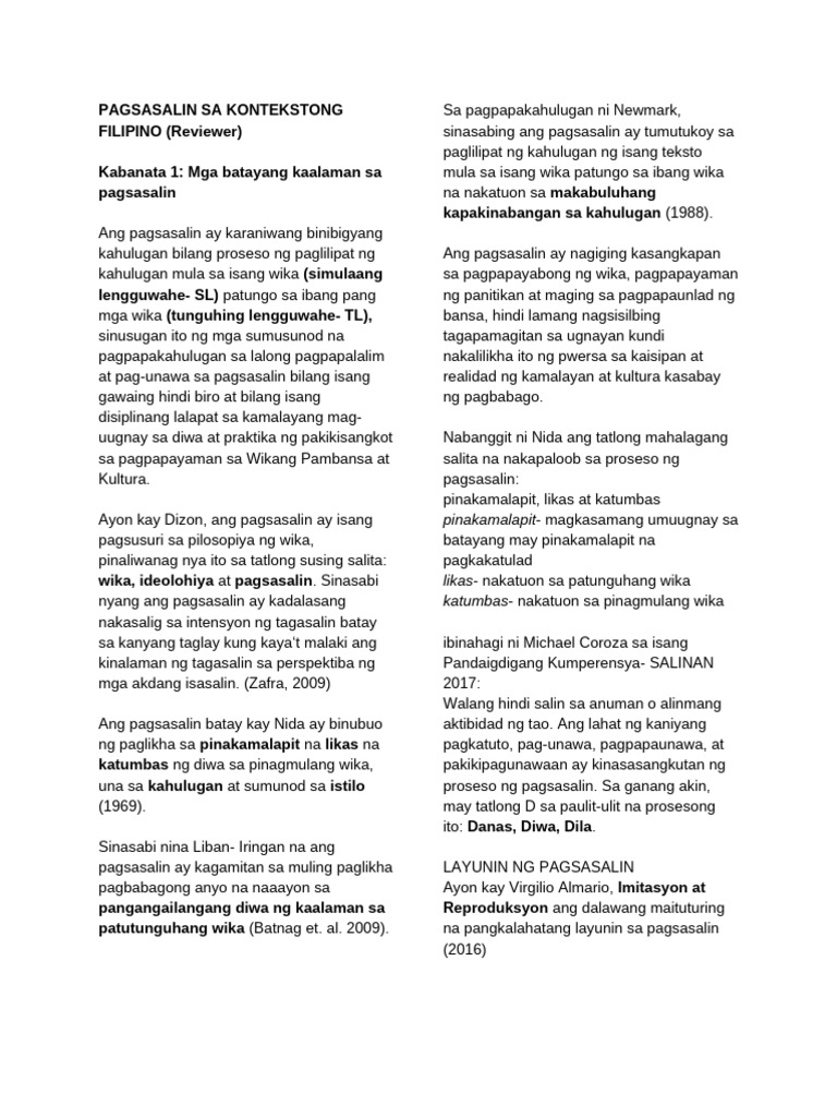 PAGSASALIN SA KONTEKSTONG FILIPINO (Reviewer) | PDF