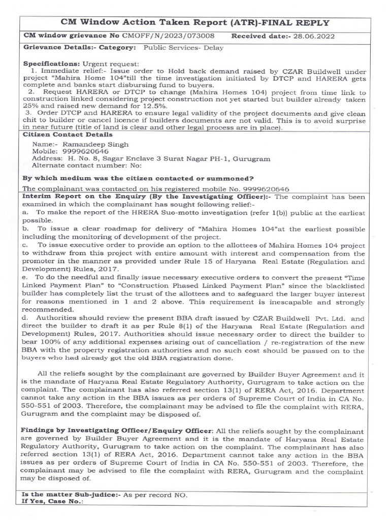 DTP ATR Dated 28-06-2022 On Ramandeep Singh CM Window Complaint | PDF