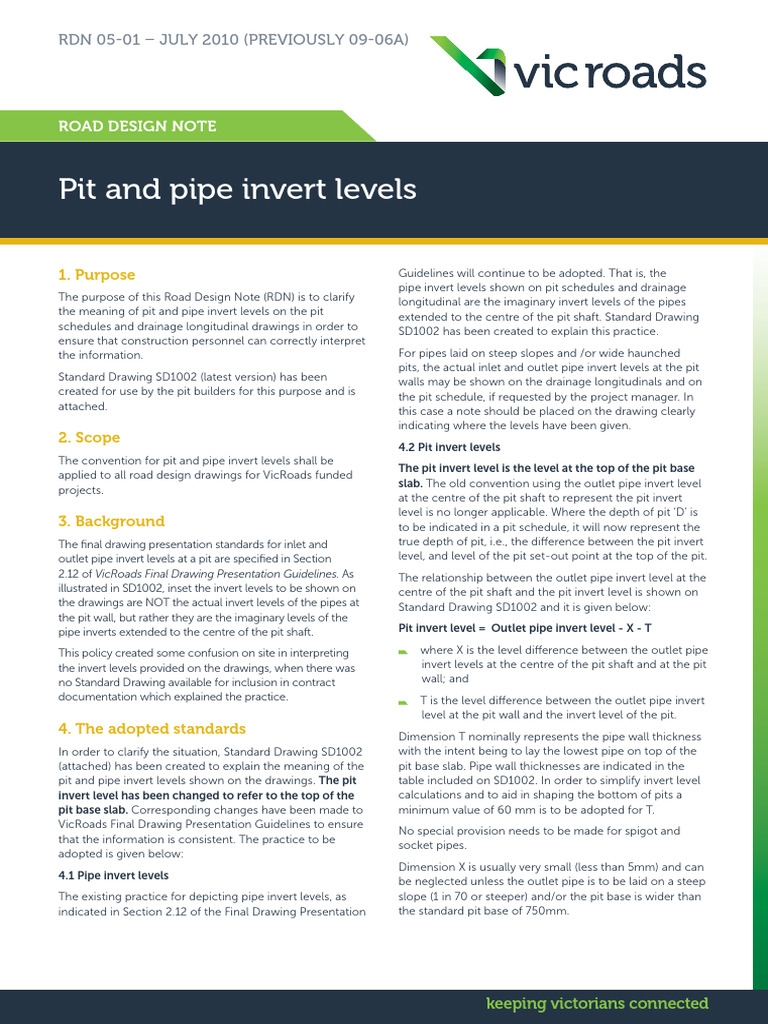 Road Design Note 0501 Pit and Pipe Invert Levels | PDF | Pipe (Fluid ...