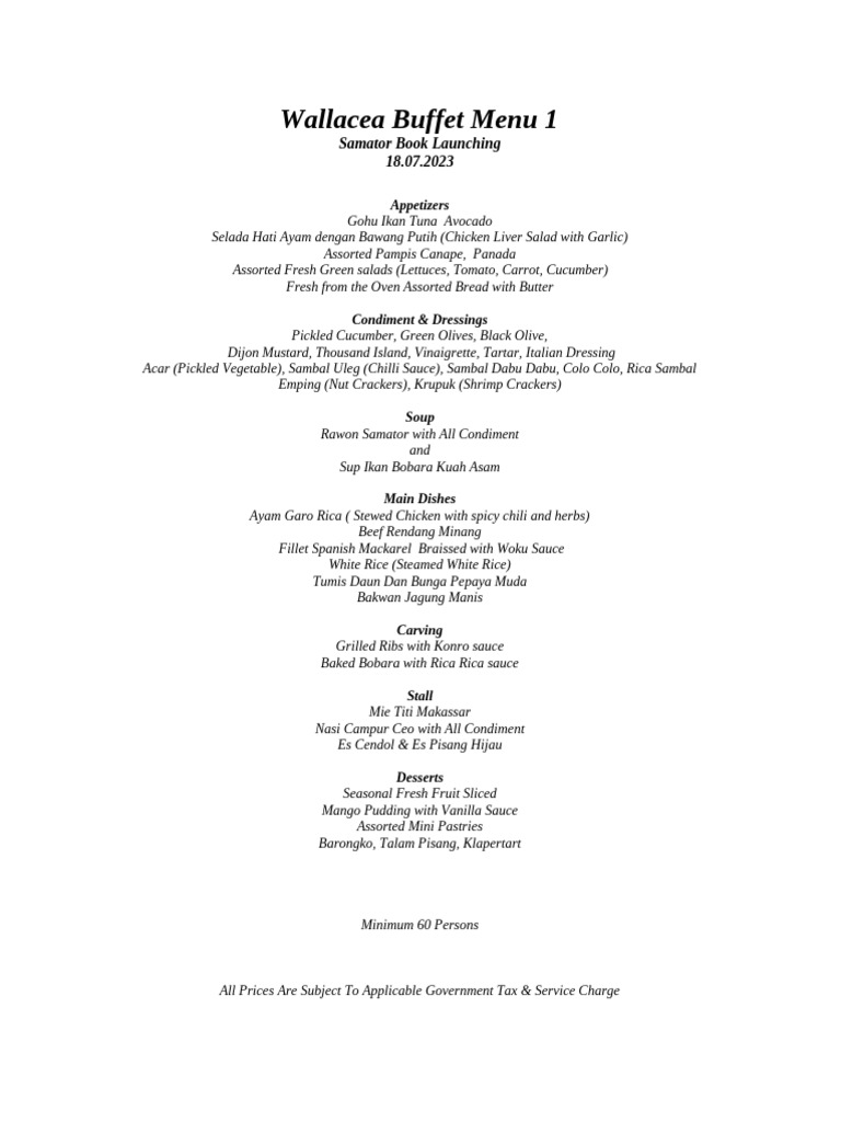Wallacea Buffet Menu for Launching Book | PDF | Pickling | Salad