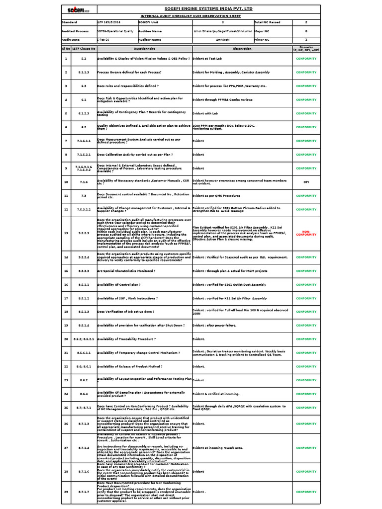IATF 16949 2016 Internal Audit Checklist QA Feb2020 | PDF | Audit | Calibration
