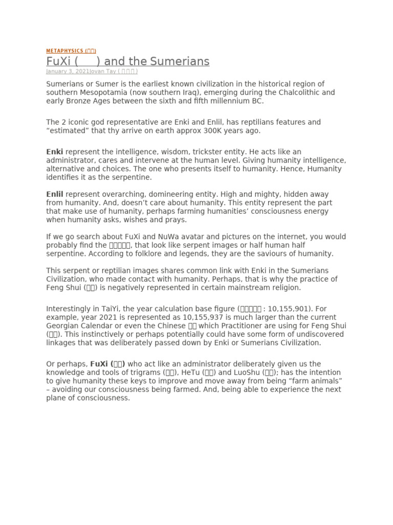 FuXi (伏羲) and the Sumerians | PDF