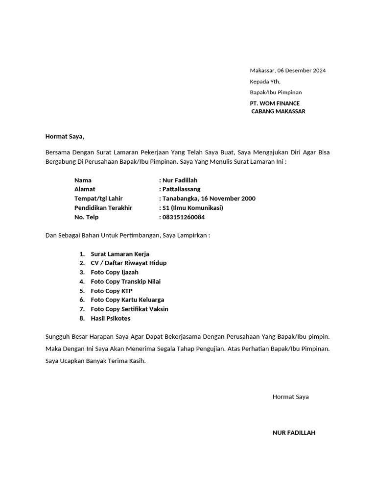 Surat Lamaran Dilla | PDF