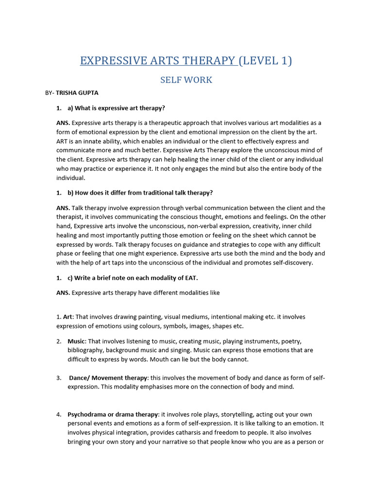 EXPRESSIVE ARTS THERAPY LEVEL 1 Self Work | PDF | Art Therapy ...