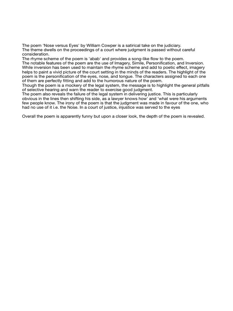 Open The poem 'Nose versus Eyes' by William Cowper is a satirical take ...