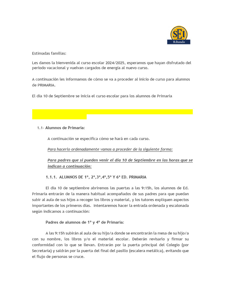 Inicio de Curso Primaria 24.25 | PDF