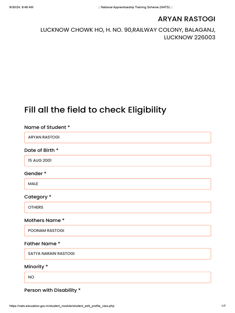 Aryan Rastogi NATS Application Details | PDF