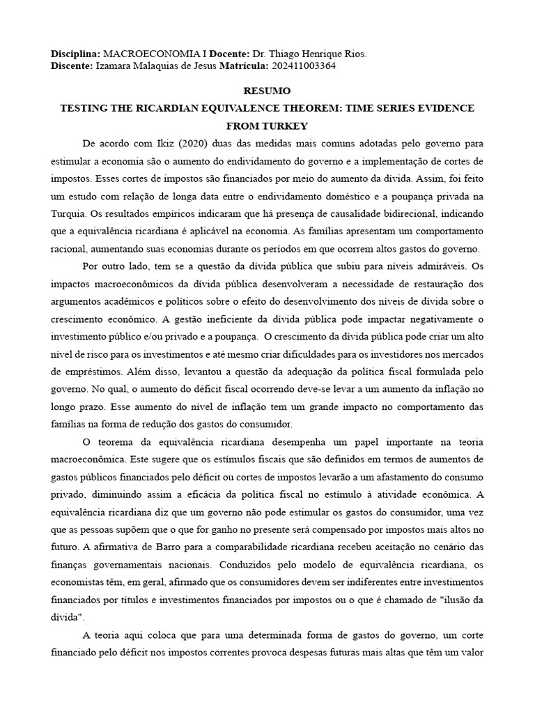 RESUMO TESTING THE RICARDIAN EQUIVALENCE THEOREM: TIME SERIES EVIDENCE ...