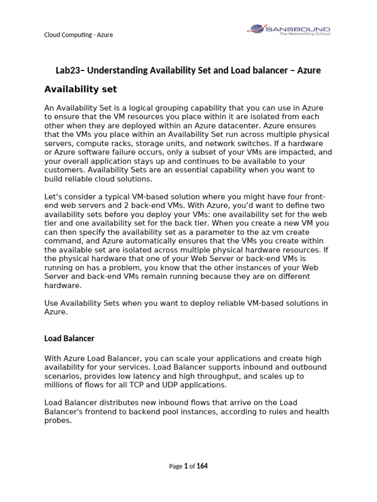 Lab23 - Understanding Availability set and Load balancer - Azure | PDF | Load Balancing ...