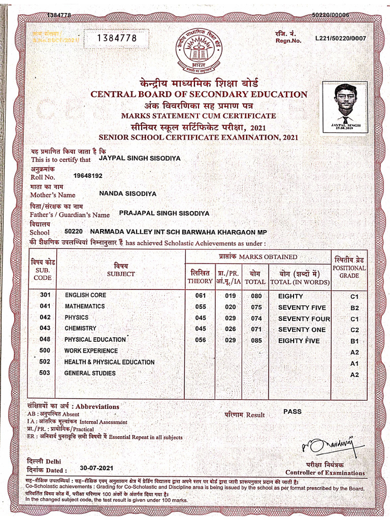 Jaypal Singh 10 Marksheet | PDF