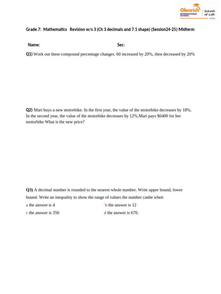 GR 7 Revision Ws 3 On CH 3, and 7 Midterm 24-25 | PDF