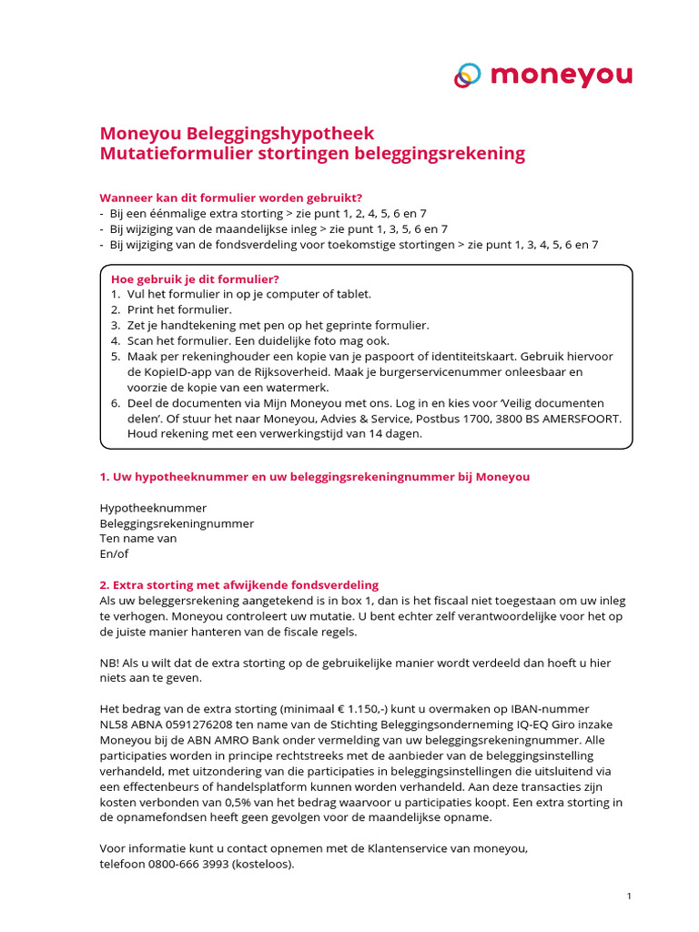 Mutatieformulier Stortingen Beleggingsrekening | PDF