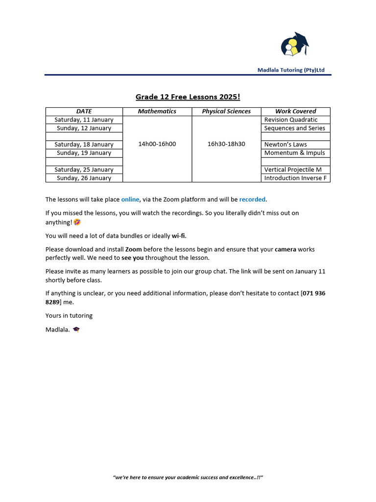Free Grade 12 Online Lessons 2025 | PDF