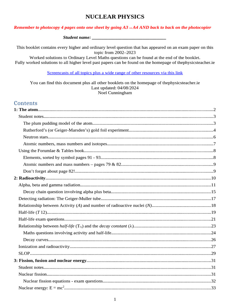 12. Nuclear Physics Booklet | PDF | Radioactive Decay | Neutron