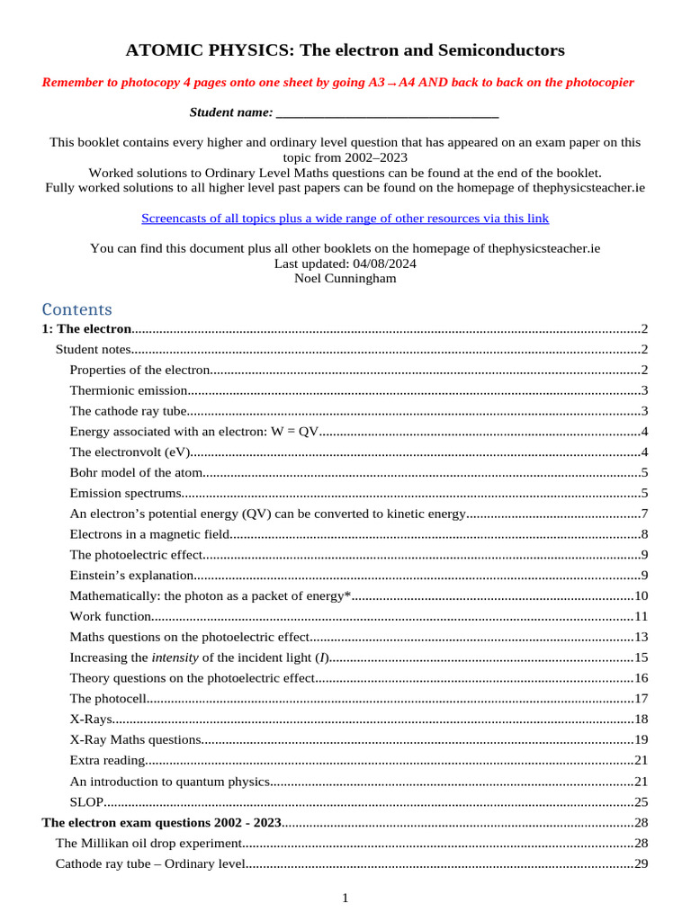 11. Atomic Physics Booklet | PDF | Photoelectric Effect | Electron
