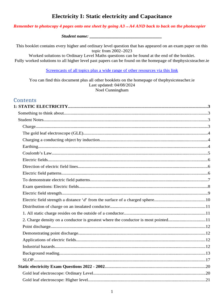 ELECTRICITY I Static Electricity and Capacitance Booklet | PDF ...