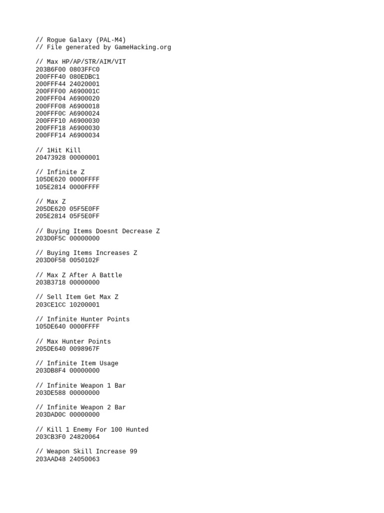 Rogue Galaxy Cheat Codes Guide | PDF